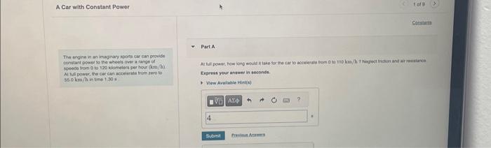 Solved A Car with Constant Power Tha erginh in an imagnary | Chegg.com