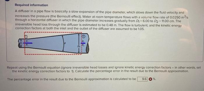 Solved Required information A diffuser in a pipe flow is | Chegg.com