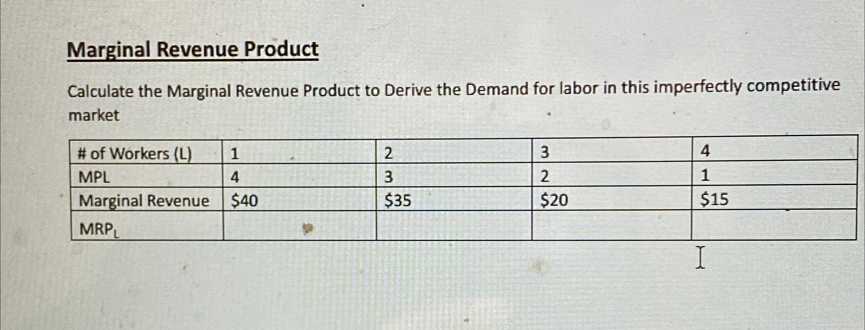 Solved Marginal Revenue ProductCalculate the Marginal | Chegg.com