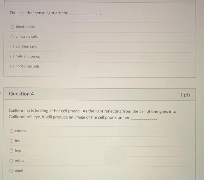 Solved The cells that sense light are the bipolar cells | Chegg.com
