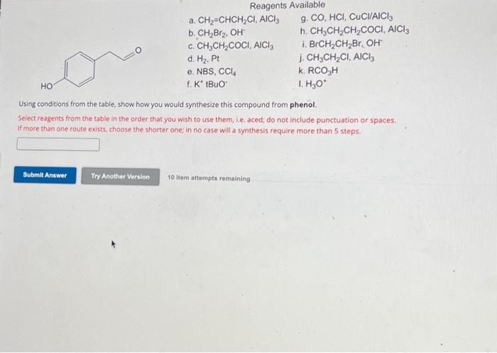 Solved Reagents Available a. CH2=CHCH2Cl1AlCl3 g. | Chegg.com