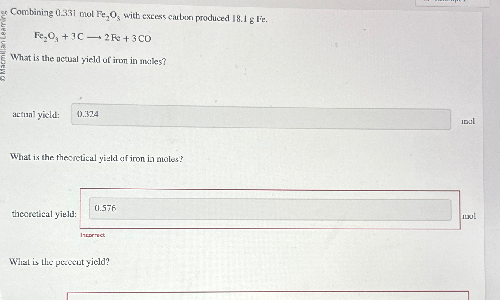 Solved Combining 0.331molFe2O3 ﻿with excess carbon produced | Chegg.com