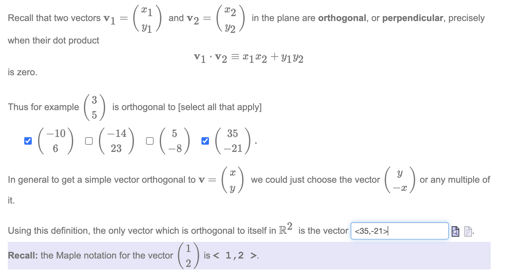 Solved Recall that two vectors v1=(x1y1) ﻿and v2=(x2y2) ﻿in | Chegg.com