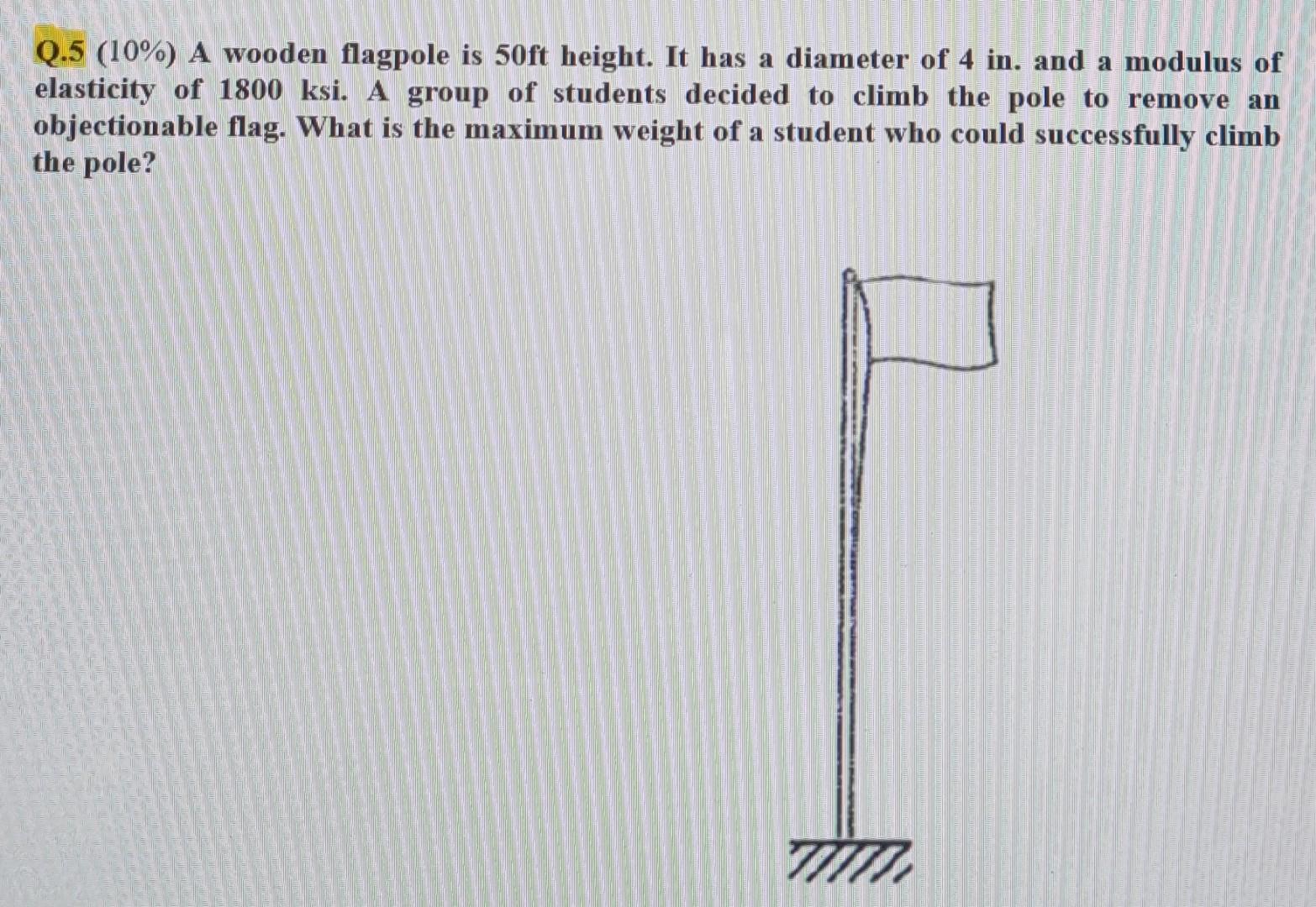 Solved Q.5 (10%) A wooden flagpole is 50ft height. It has a | Chegg.com