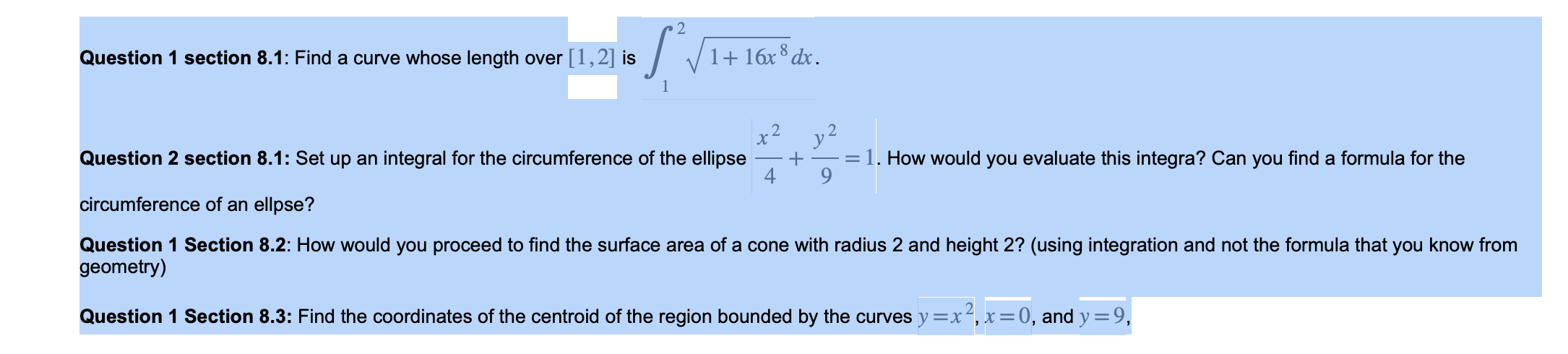 Solved Question 1 ﻿section 8.1: Find a curve whose length | Chegg.com