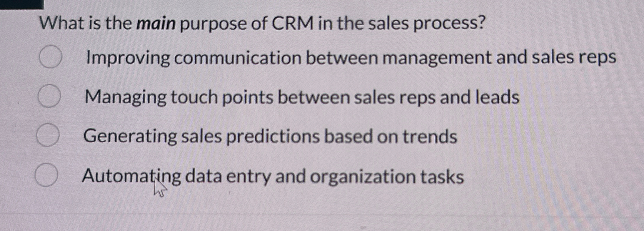 Solved What is the main purpose of CRM in the sales | Chegg.com