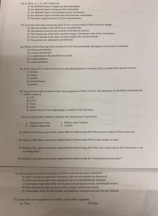 Solved 18) In DNA, ACG, and T stand for A) the different | Chegg.com