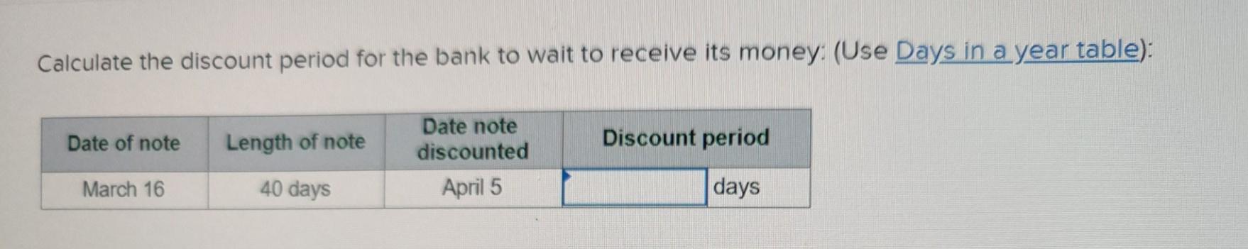Solved Calculate the discount period for the bank to wait to | Chegg.com