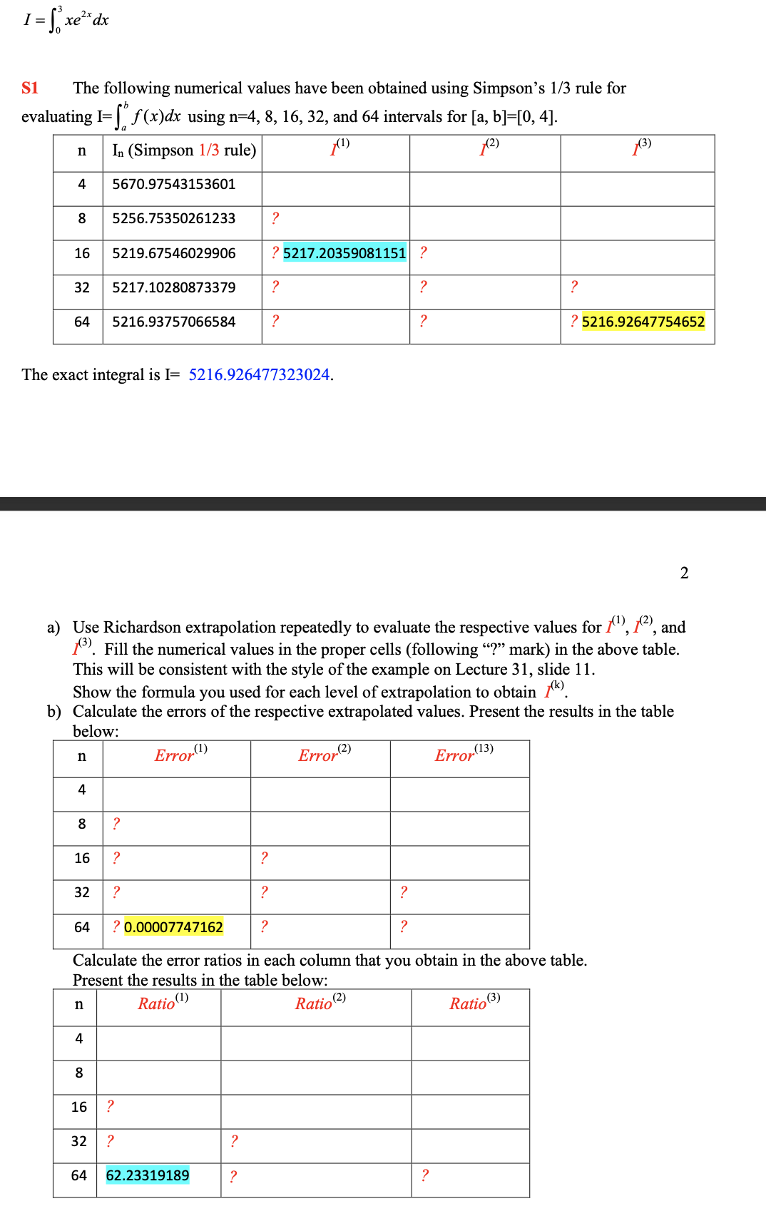 Solved I=∫03xe2xdxS1 ﻿The following numerical values have | Chegg.com
