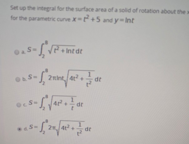 Solved Set up the integral for the surface area of a solid | Chegg.com