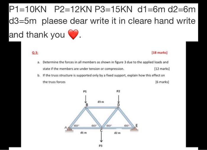 Solved P1=10KN P2=12KN P3=15KN d1=6m d2=6m d3=5m plaese dear | Chegg.com