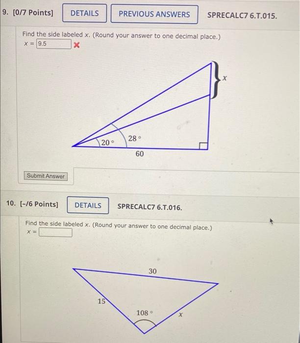 Solved Find the side labeled x. (Round your answer to one | Chegg.com