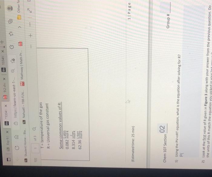 Chem 107 section 02 Group # 1) Using the PV=nRT | Chegg.com