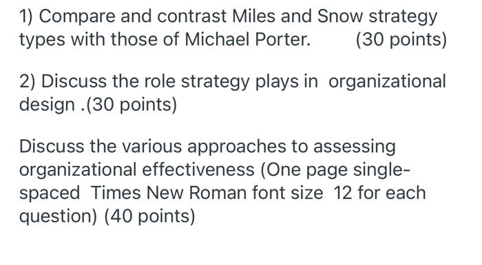 Solved 1) Compare and contrast Miles and Snow strategy types | Chegg.com