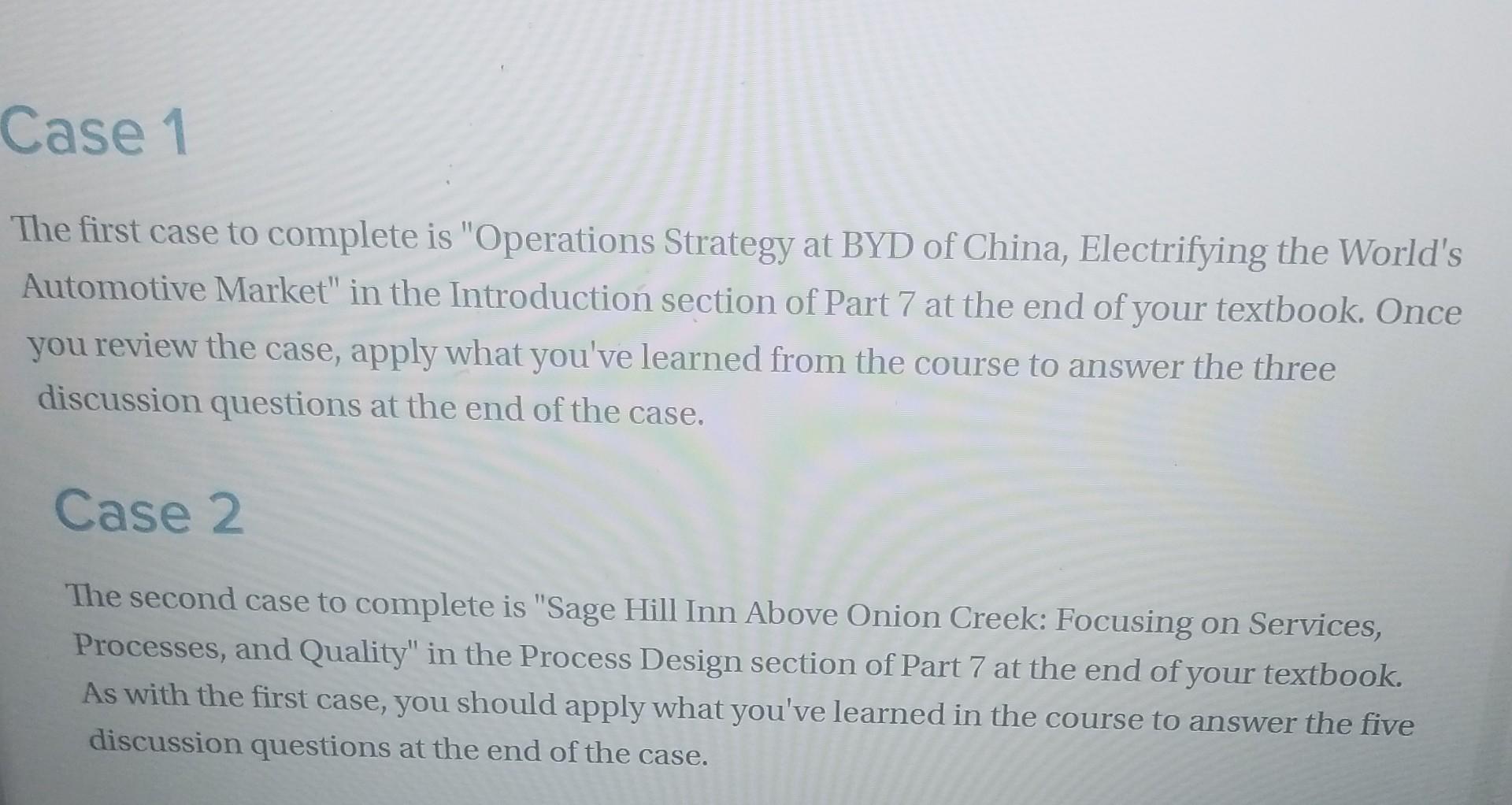 Solved The first case to complete is "Operations Strategy at | Chegg.com