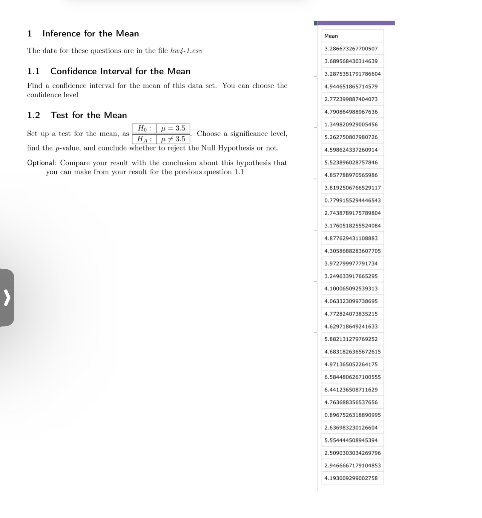 Solved 1 ﻿Inference for the MeanThe data for these questions | Chegg.com