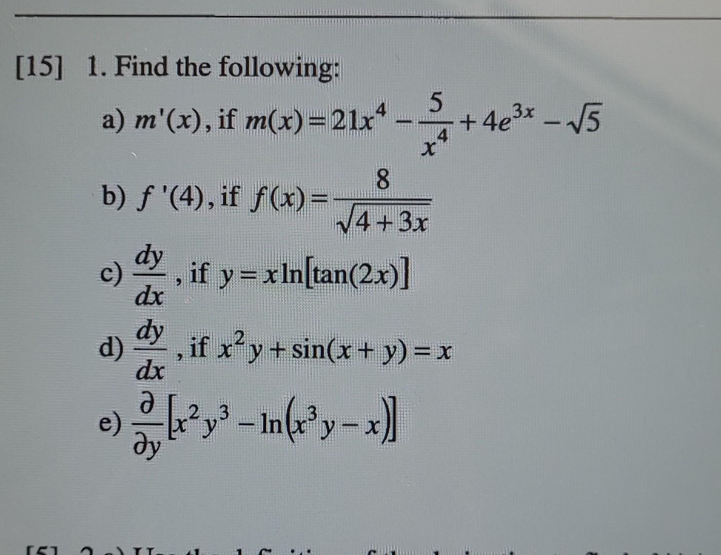 Solved 1. Find the following: a) \\( m^{\\prime}(x) \\), if | Chegg.com