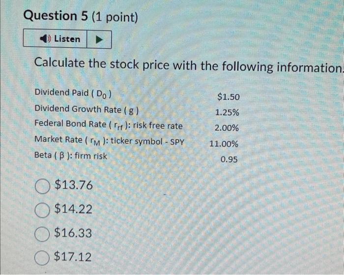 Solved Calculate the stock price with the following | Chegg.com
