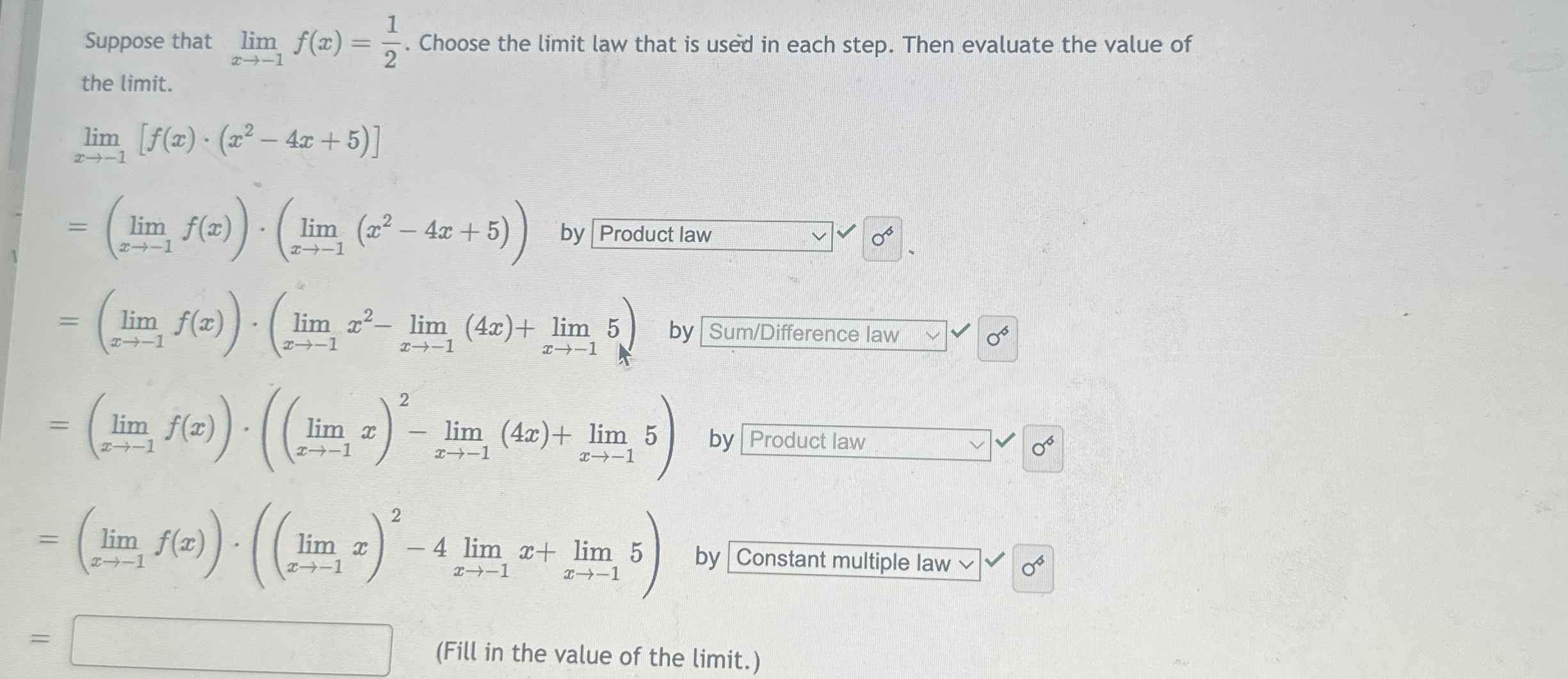 Solved Suppose that limx→-1f(x)=12. ﻿Choose the limit law | Chegg.com