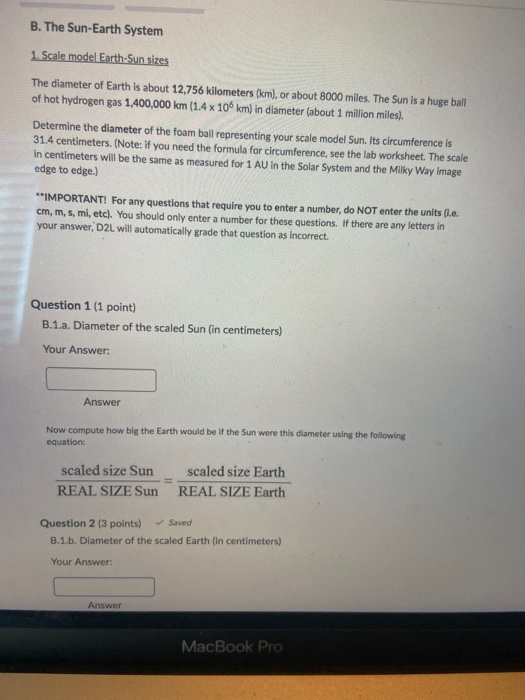 Solved B. The Sun-Earth System 1. Scale model Earth-Sun | Chegg.com