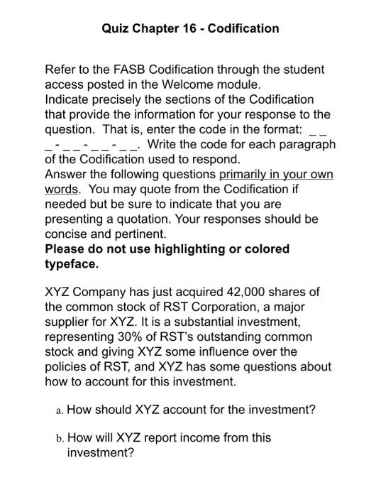 Solved Quiz Chapter 16 - Codification Refer to the FASB | Chegg.com