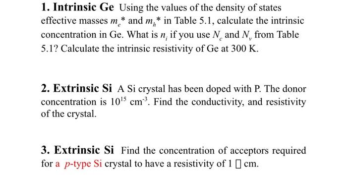 Solved 1. Intrinsic Ge Using the values of the density of | Chegg.com