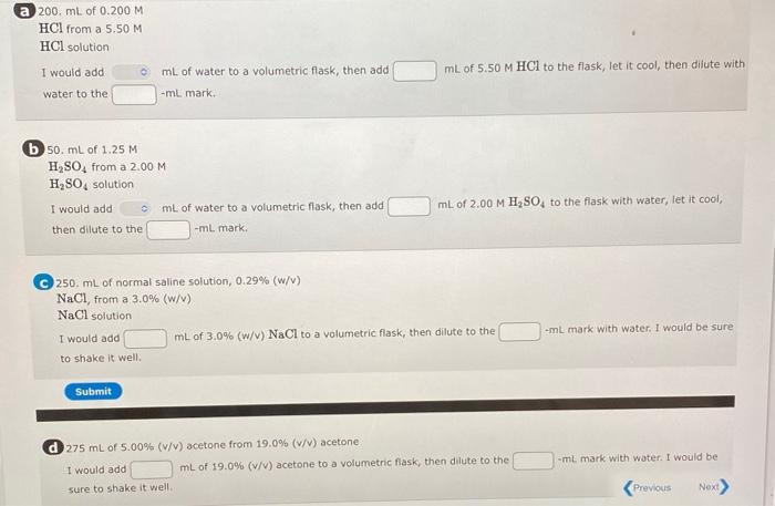 Solved 200. mL of 0.200M HCl from a 5.50M HCl solution I | Chegg.com