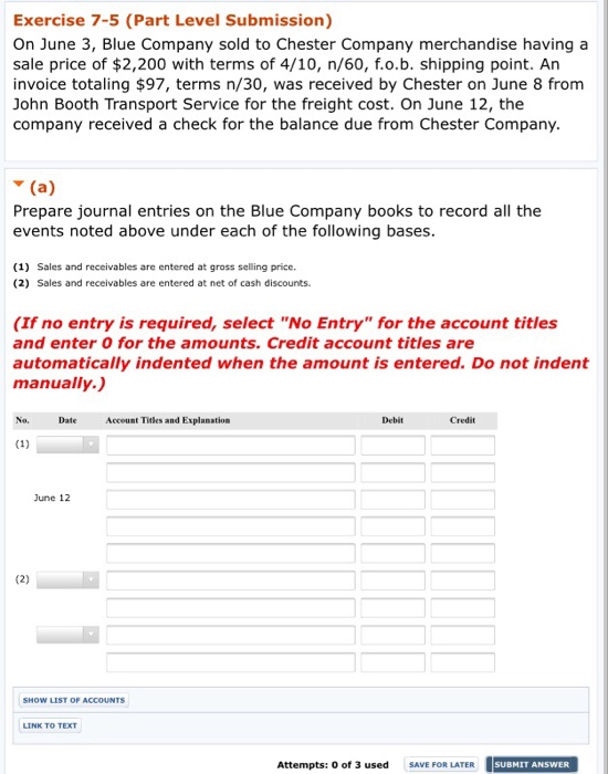 Solved Exercise 7-5 (Part Level Submission) On June 3, Blue | Chegg.com