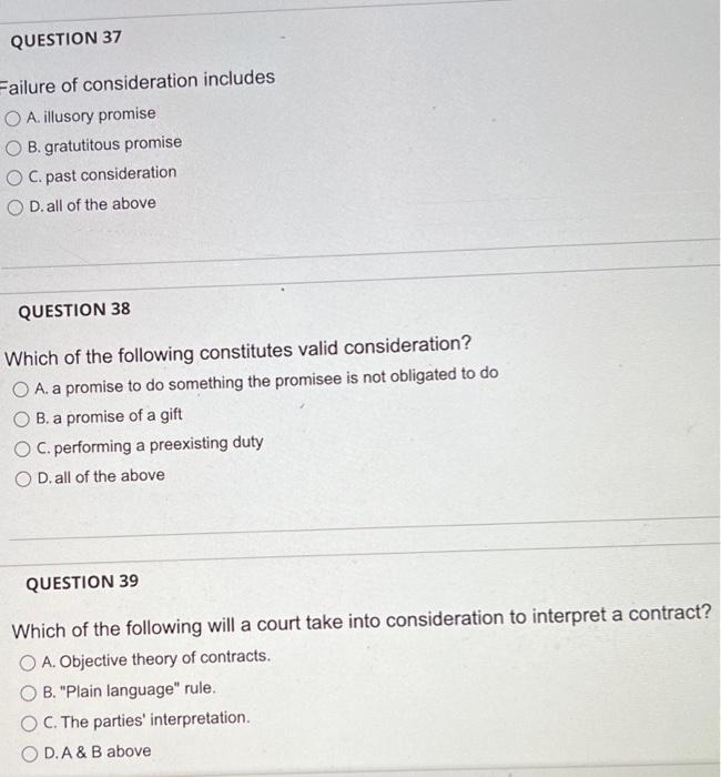 Solved Eailure of consideration includes A. illusory promise | Chegg.com