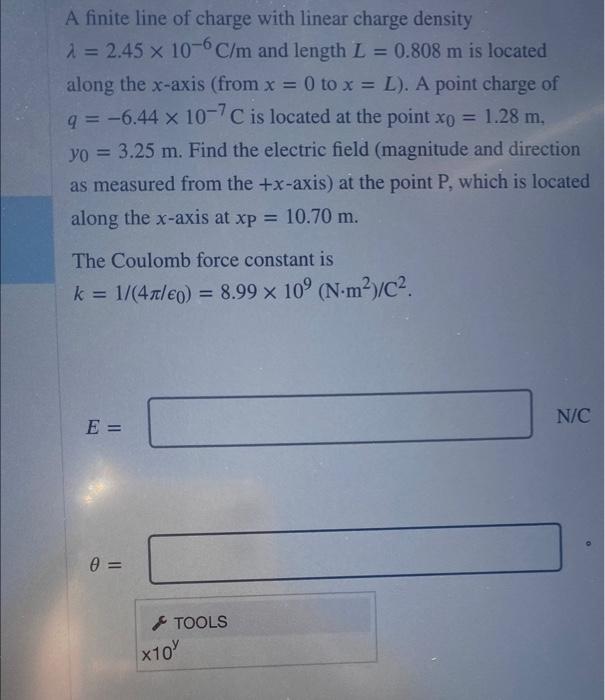 Solved = A finite line of charge with linear charge density | Chegg.com