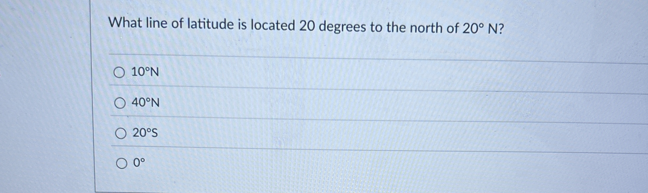 Solved What line of latitude is located 20 ﻿degrees to the | Chegg.com