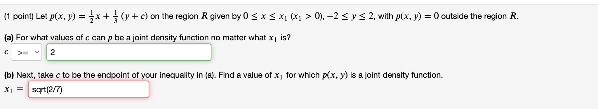 Solved (1 ﻿point) ﻿Let p(x,y)=12x+13(y+c) ﻿on the region R | Chegg.com
