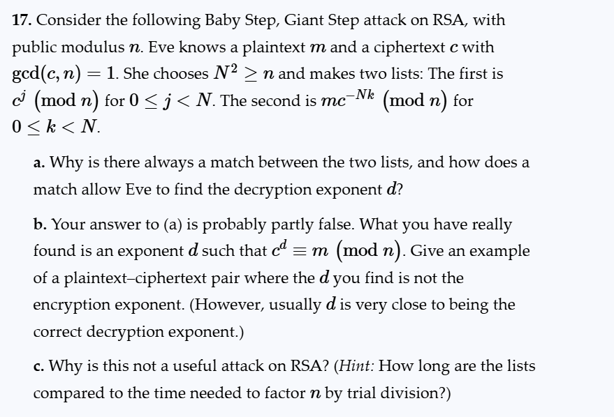 Solved Consider the following Baby Step, Giant Step attack | Chegg.com