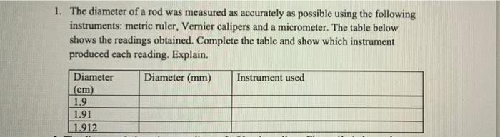 Solved 1. The diameter of a rod was measured as accurately | Chegg.com