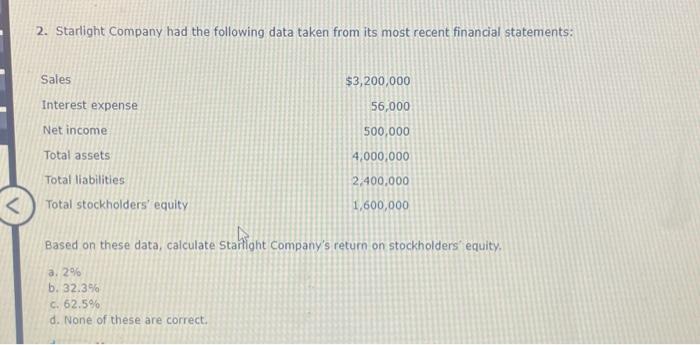 Solved 2. Starlight Company had the following data taken | Chegg.com