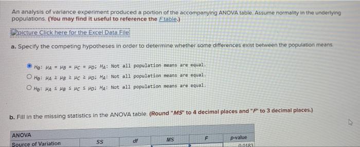 Solved An analysis of variance experiment produced a portion | Chegg.com