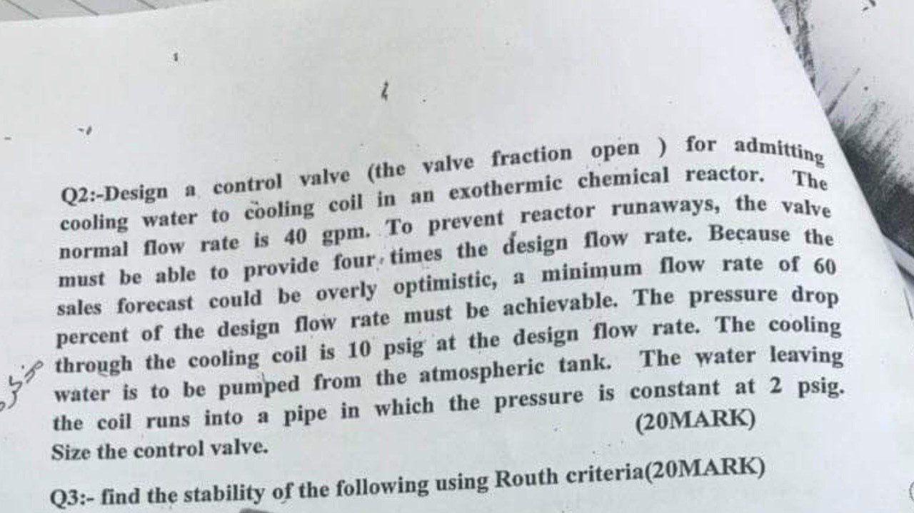 Solved Q2:-Design a control valve (the valve fraction open ) | Chegg.com