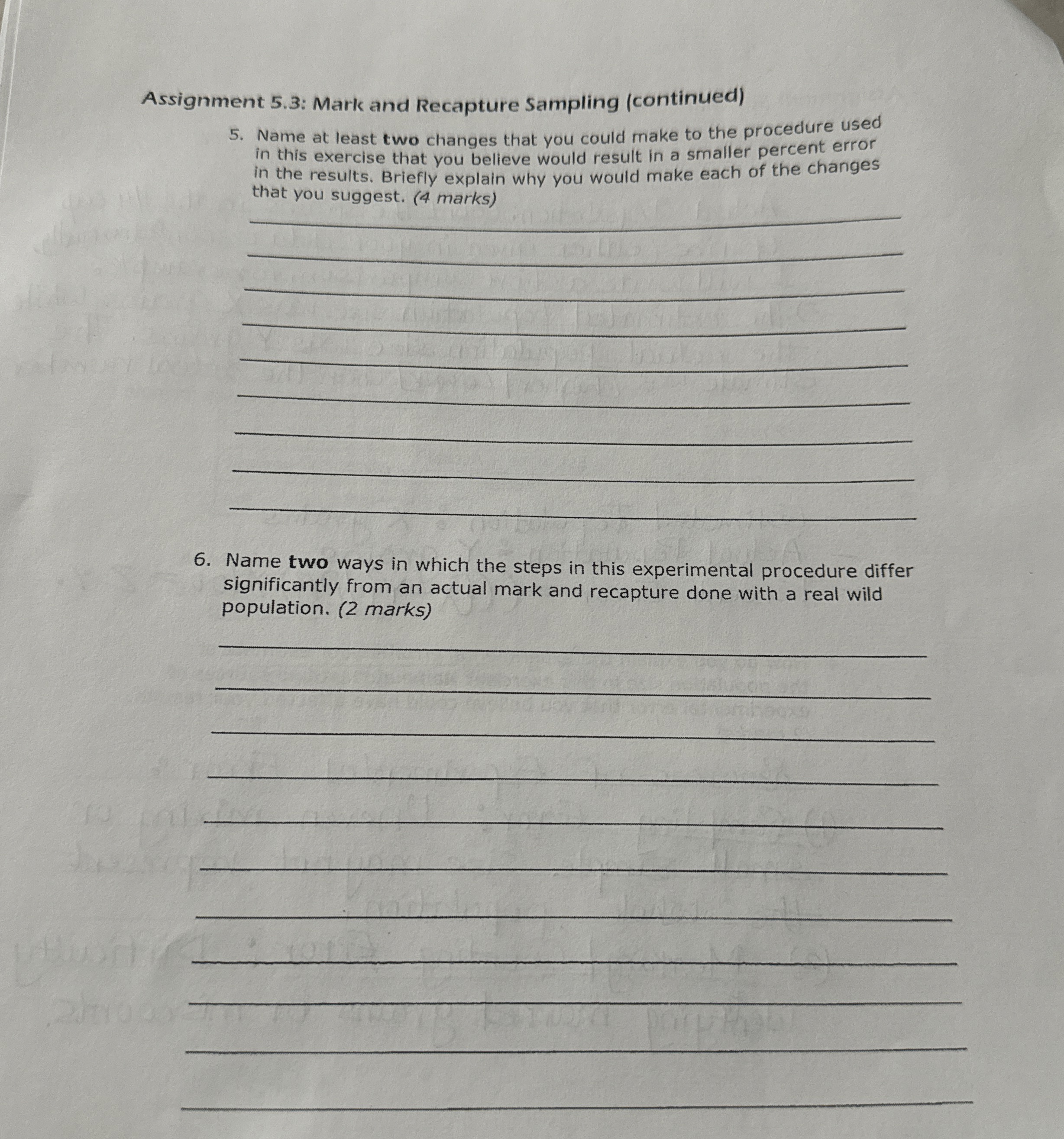 Solved Assignment 5.3: Mark and Recapture Sampling | Chegg.com