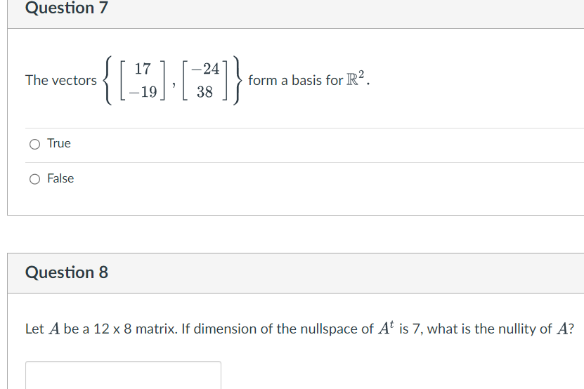 Solved Question 7The vectors {[17-19],[-2438]} ﻿form a basis | Chegg.com