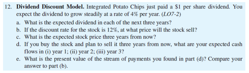 Dividend Discount Model. Integrated Potato Chips just | Chegg.com