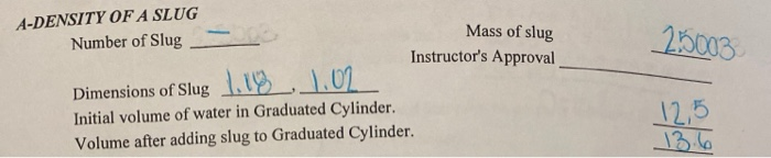 Solved A-DENSITY OF A SLUG Number of Slug Mass of slug | Chegg.com