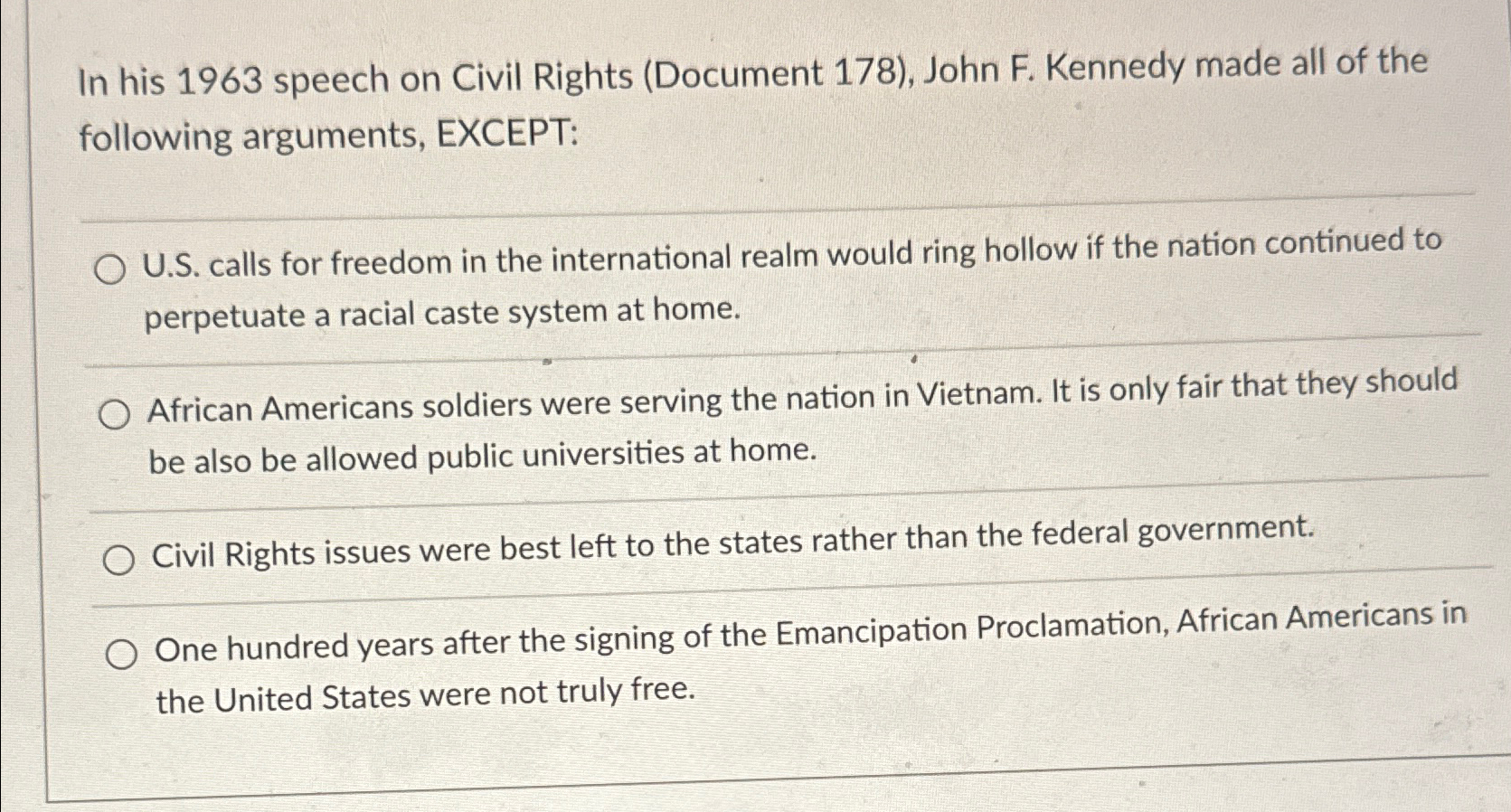 Solved In his 1963 ﻿speech on Civil Rights (Document 178), | Chegg.com