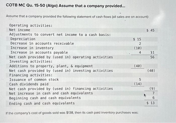 Solved COTB MC Qu. 15-50 (Algo) Assume that a company | Chegg.com