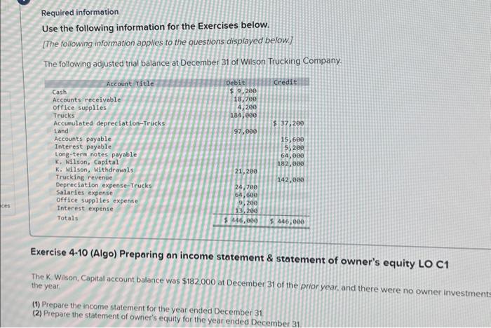 Solved Exercise 4-10 (Algo) Preparing an income statement \& | Chegg.com
