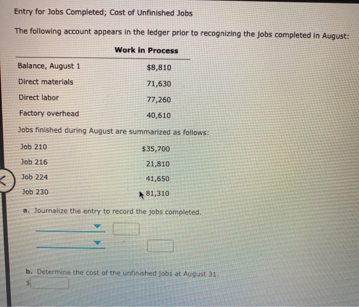 Solved Entry for Jobs Completed; Cost of Unfinished Jobs The | Chegg.com