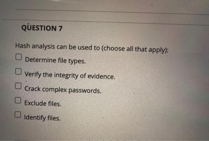 Solved Hash analysis can be used to (choose all that apply): | Chegg.com