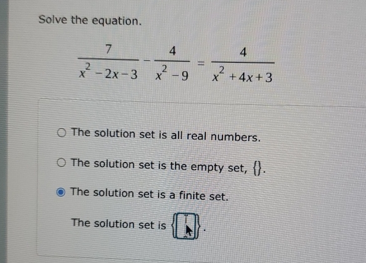 Solved Solve the equation.7x2-2x-3-4x2-9=4x2+4x+3The | Chegg.com