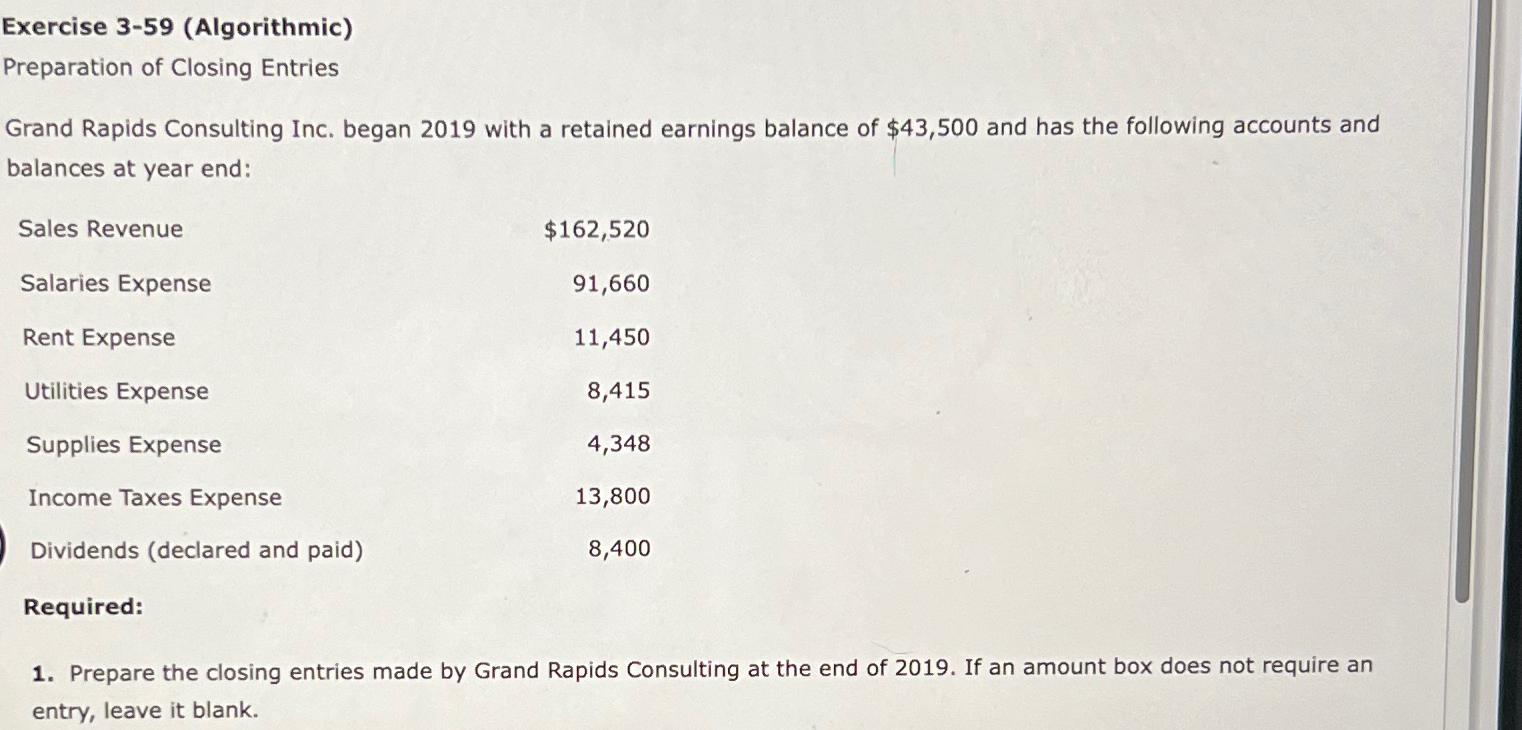Solved Exercise 3-59 (Algorithmic)Preparation of Closing | Chegg.com