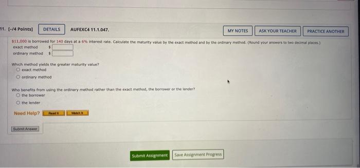 Solved 11. [-/4 Points] DETAILS AUFEXC4 11.1.047, MY NOTES | Chegg.com