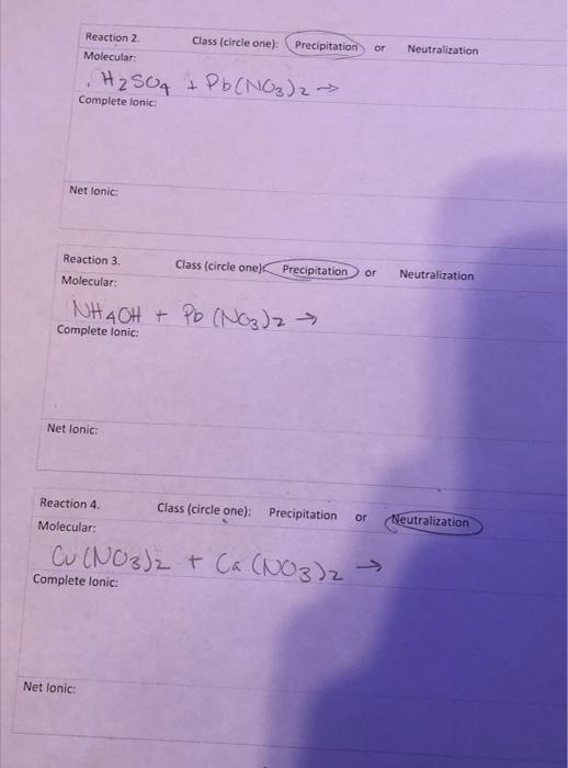 Solved Net lonic: Reaction 3. Class (circle one) | Chegg.com
